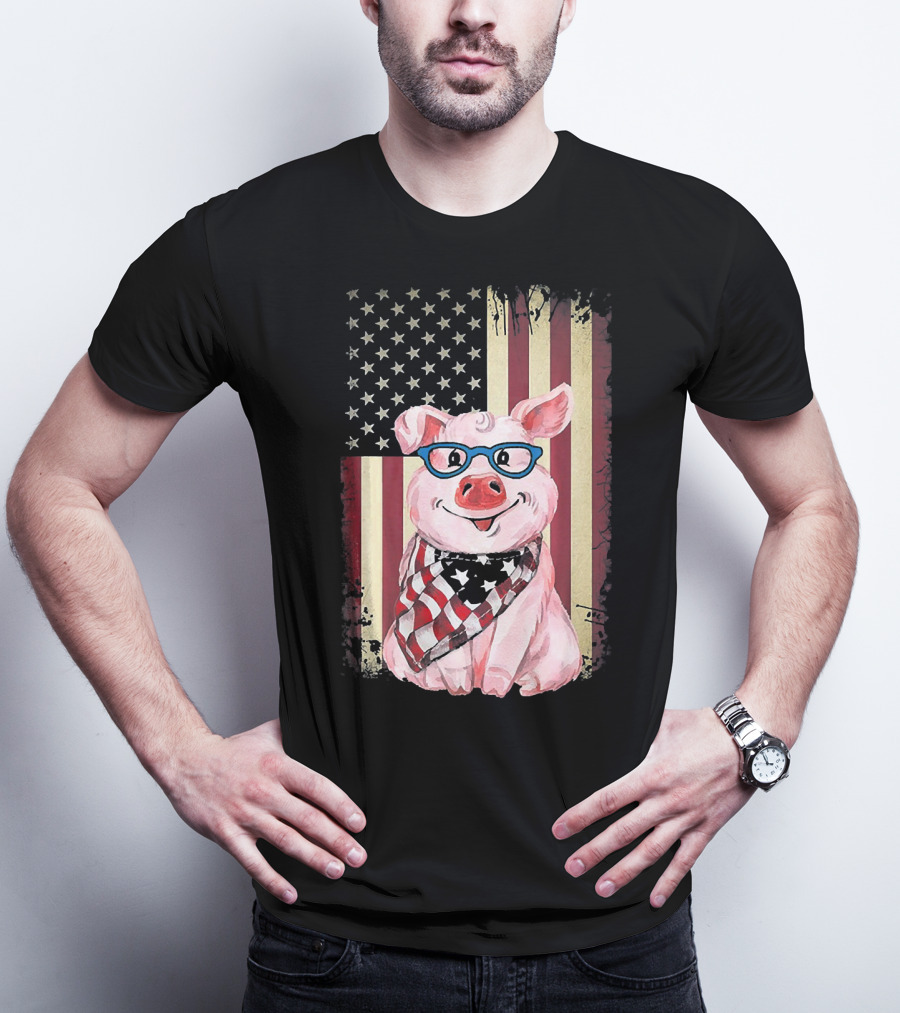 American Flag Pig With Glasses And Bandana T-Shirt