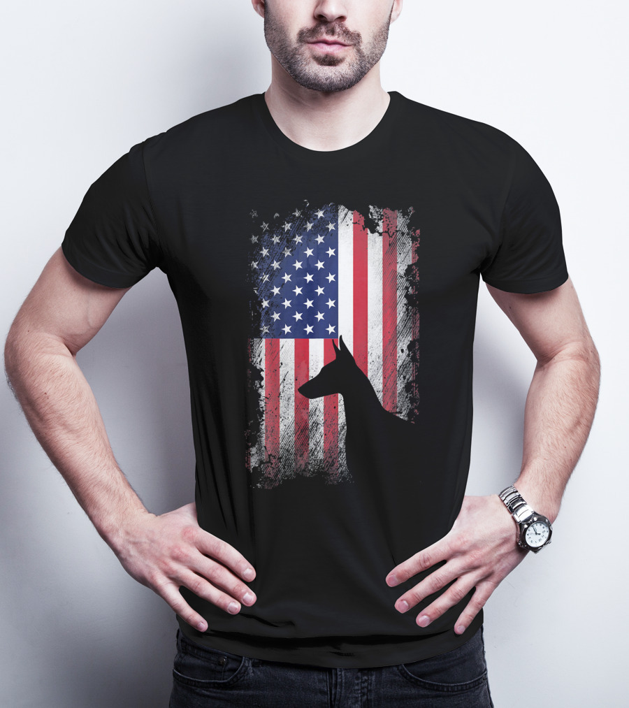 Doberman Pinscher Silhouette With American Flag Background T-Shirt