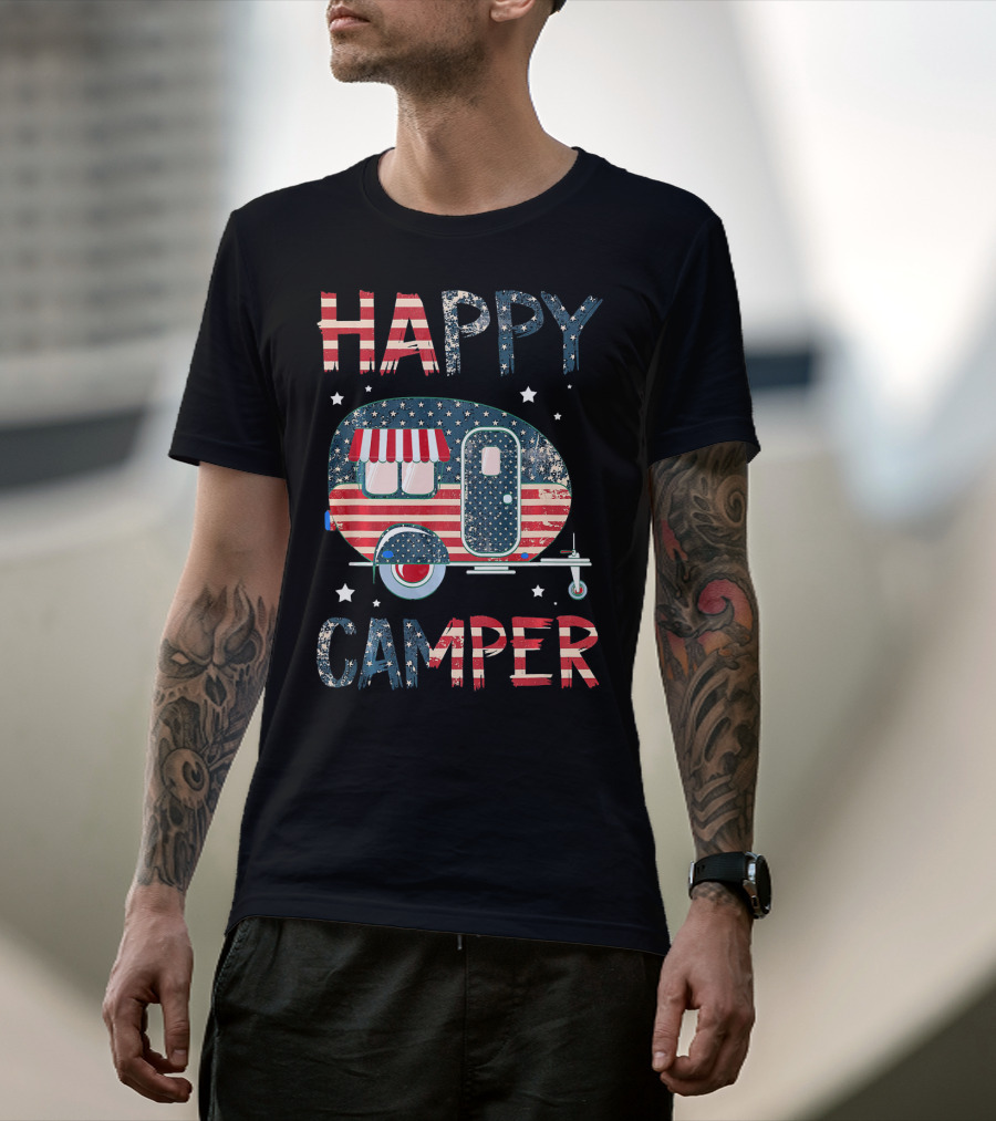 Happy Camper Stars And Stripes American Flag Patriotic T-Shirt