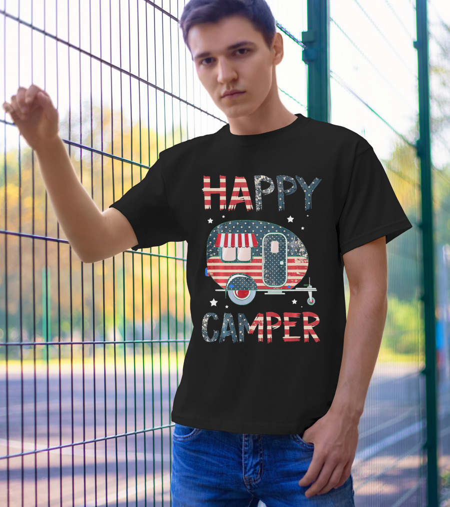 Happy Camper Stars And Stripes American Flag Patriotic T-Shirt