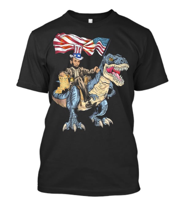 Abe Lincoln Riding Dinosaur With American Flag And Declaration T-Shirt
