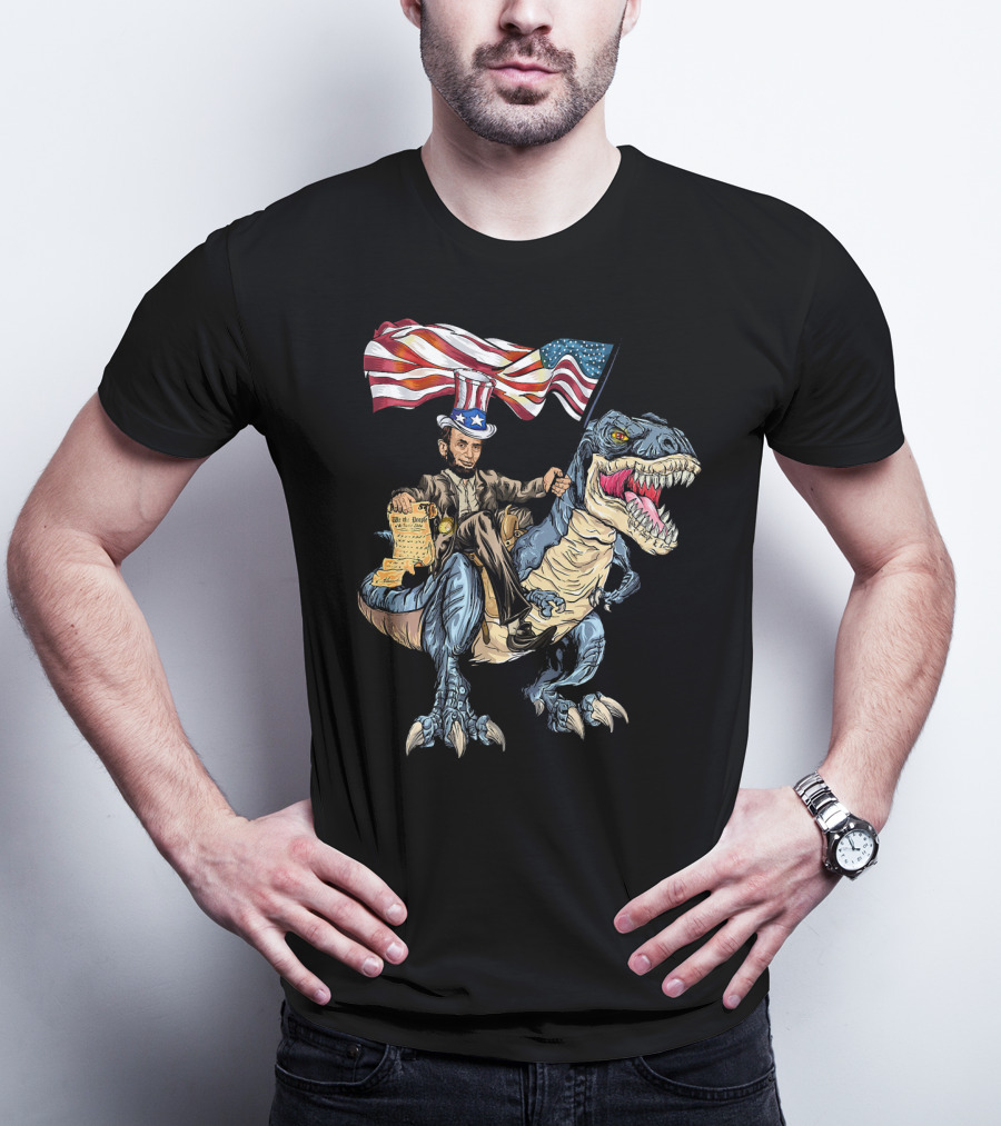 Abe Lincoln Riding Dinosaur With American Flag And Declaration T-Shirt