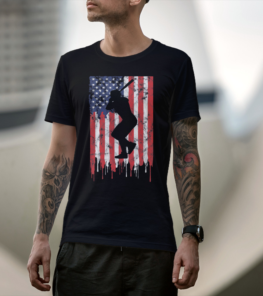 Vintage Baseball Batter Silhouette On Dripping American Flag Background T-Shirt