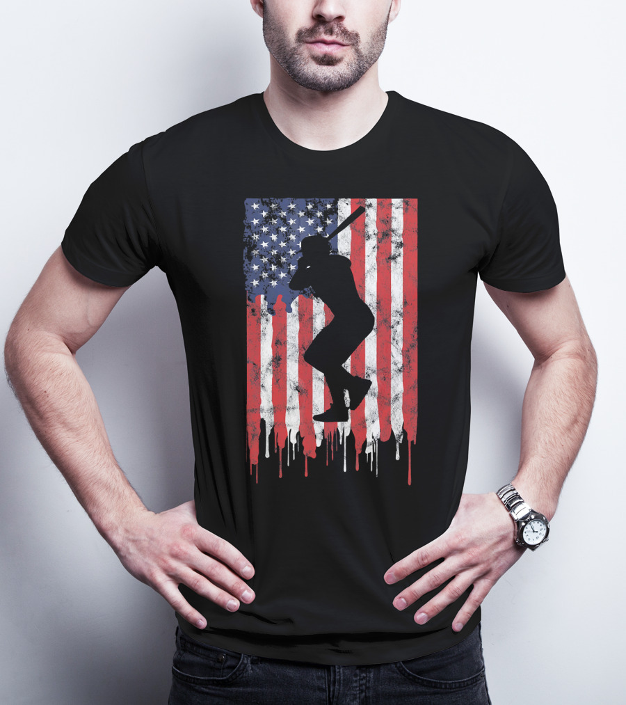 Vintage Baseball Batter Silhouette On Dripping American Flag Background T-Shirt
