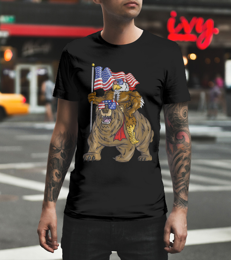 American Flag-Waving Bald Eagle Riding Bear With Sunglasses T-Shirt