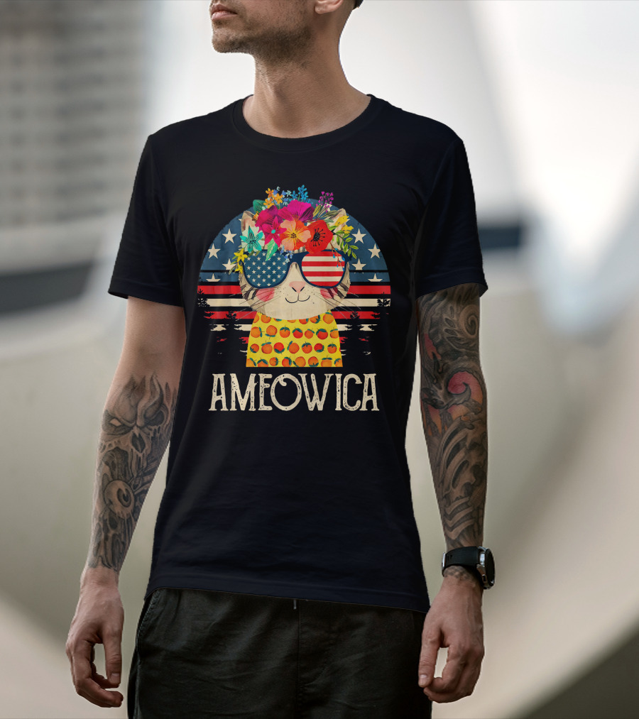 Ameowica Cute Cat With American Flag Glasses And Floral Crown T-Shirt