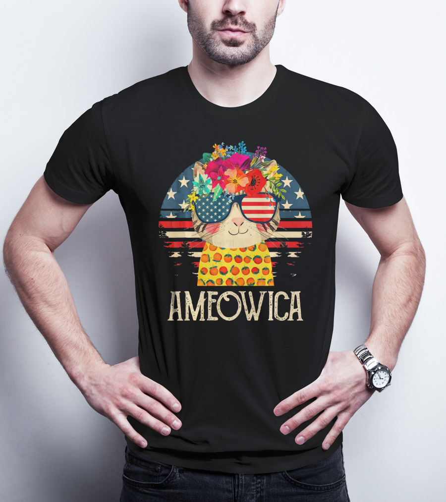 Ameowica Cute Cat With American Flag Glasses And Floral Crown T-Shirt