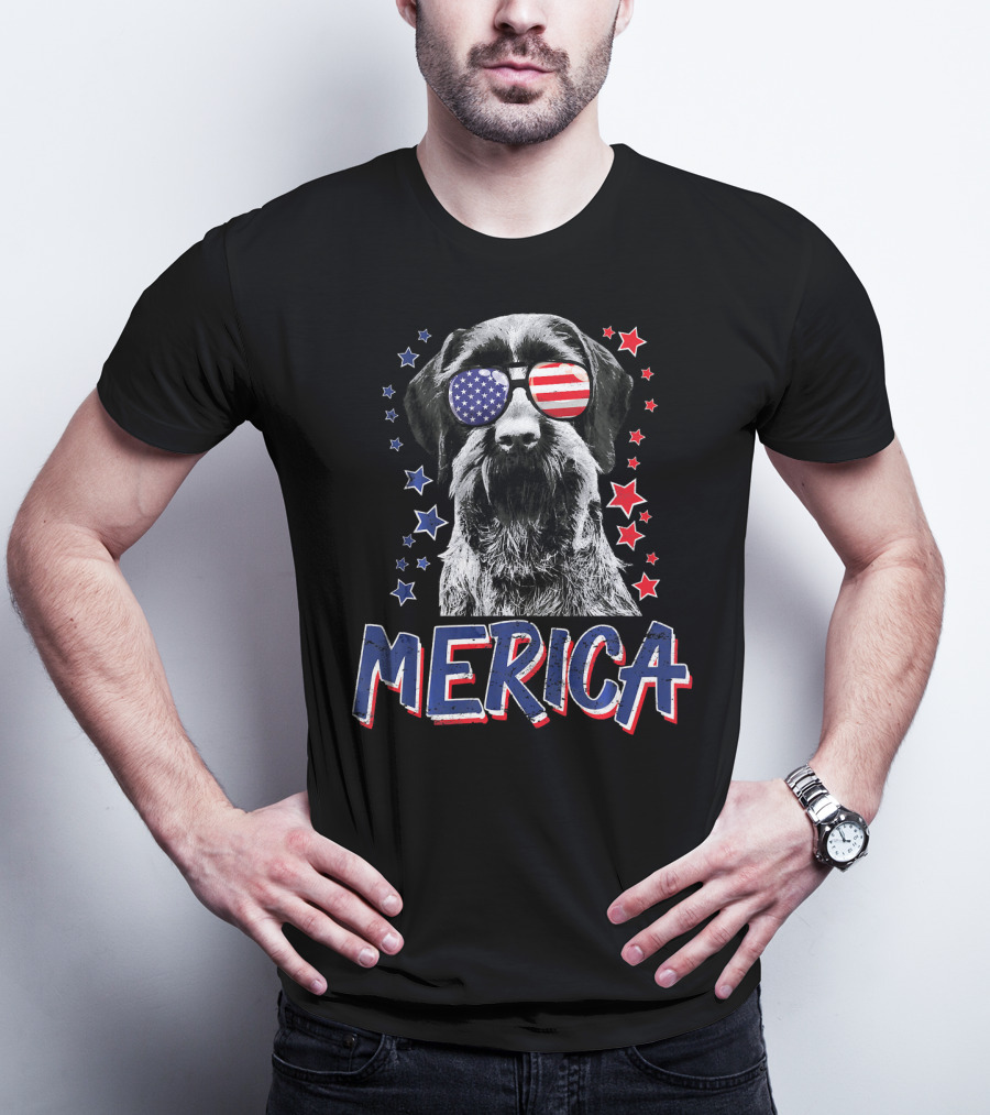 Merica German Wirehaired Pointer Dog With American Flag Sunglasses And Stars T-Shirt