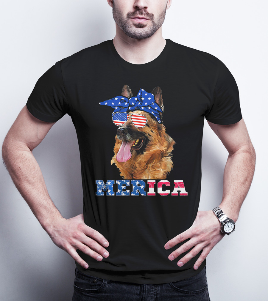 Merica German Shepherd Bandana Sunglasses American Flag T-Shirt