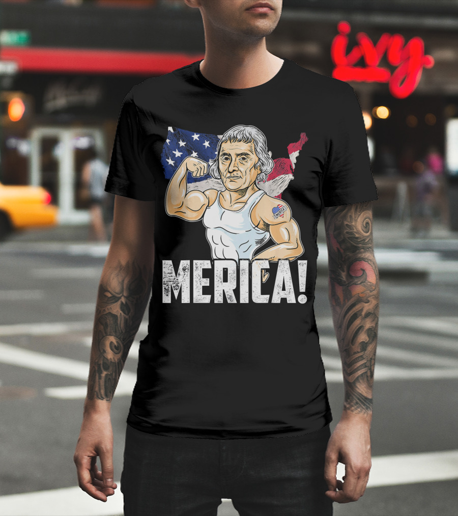 Thomas Jefferson Flexing Muscles Merica USA Flag T-Shirt