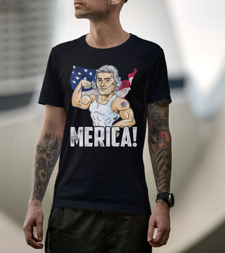 Thomas Jefferson Flexing Muscles Merica USA Flag T-Shirt