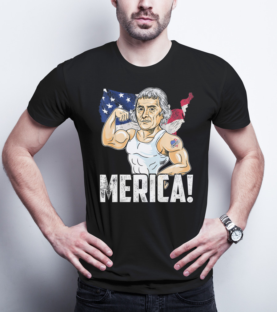 Thomas Jefferson Flexing Muscles Merica USA Flag T-Shirt