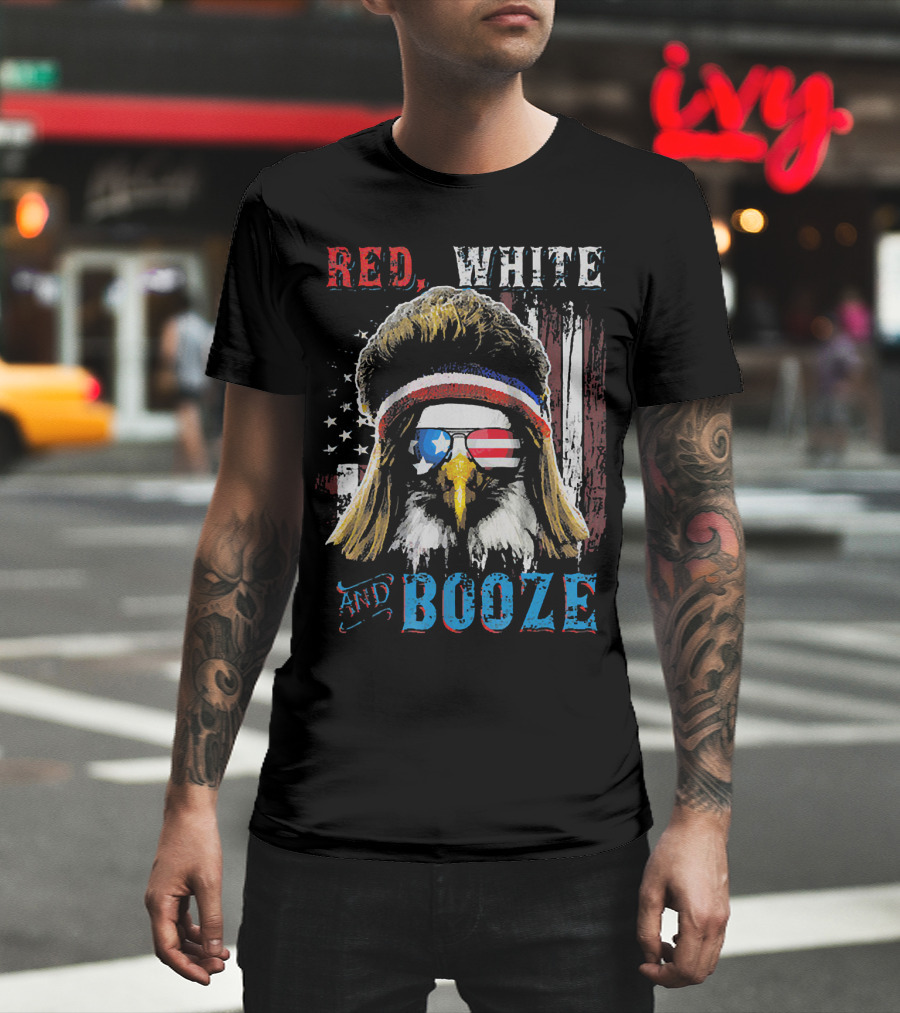 Red White And Booze America Flag Eagle With Sunglasses And Headband T-Shirt