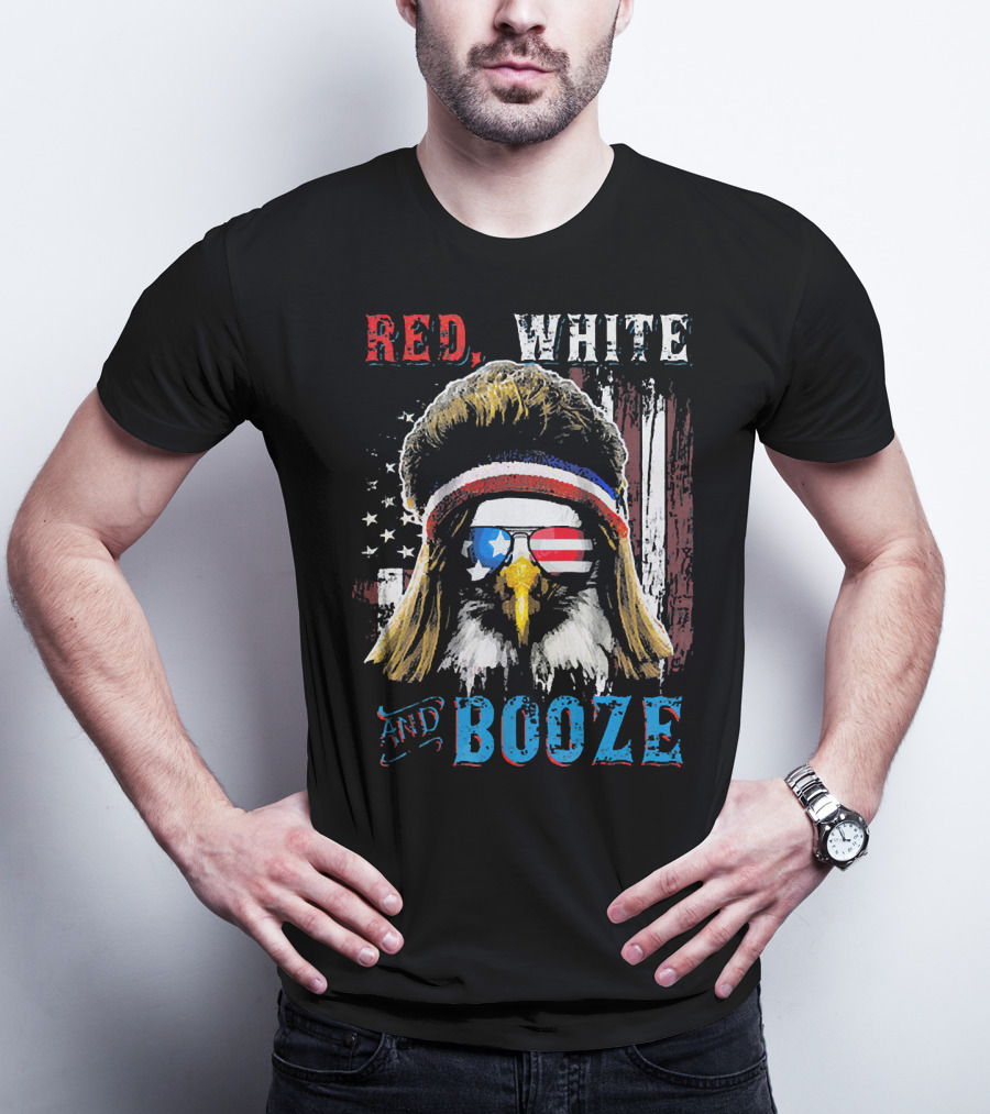Red White And Booze America Flag Eagle With Sunglasses And Headband T-Shirt