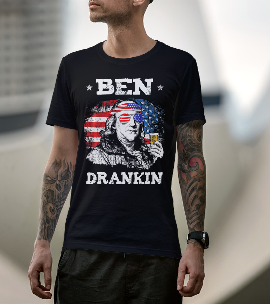 Ben Drankin Benjamin Franklin With American Flag Bandana And Sunglasses T-Shirt