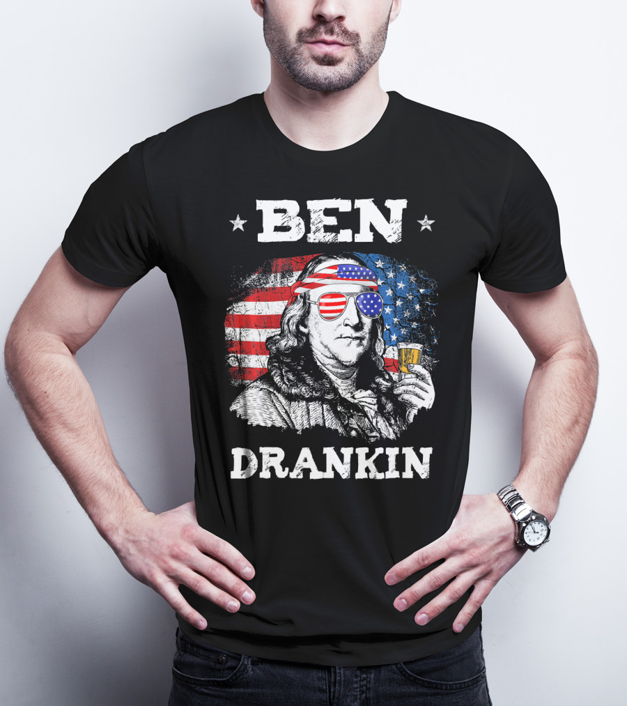 Ben Drankin Benjamin Franklin With American Flag Bandana And Sunglasses T-Shirt