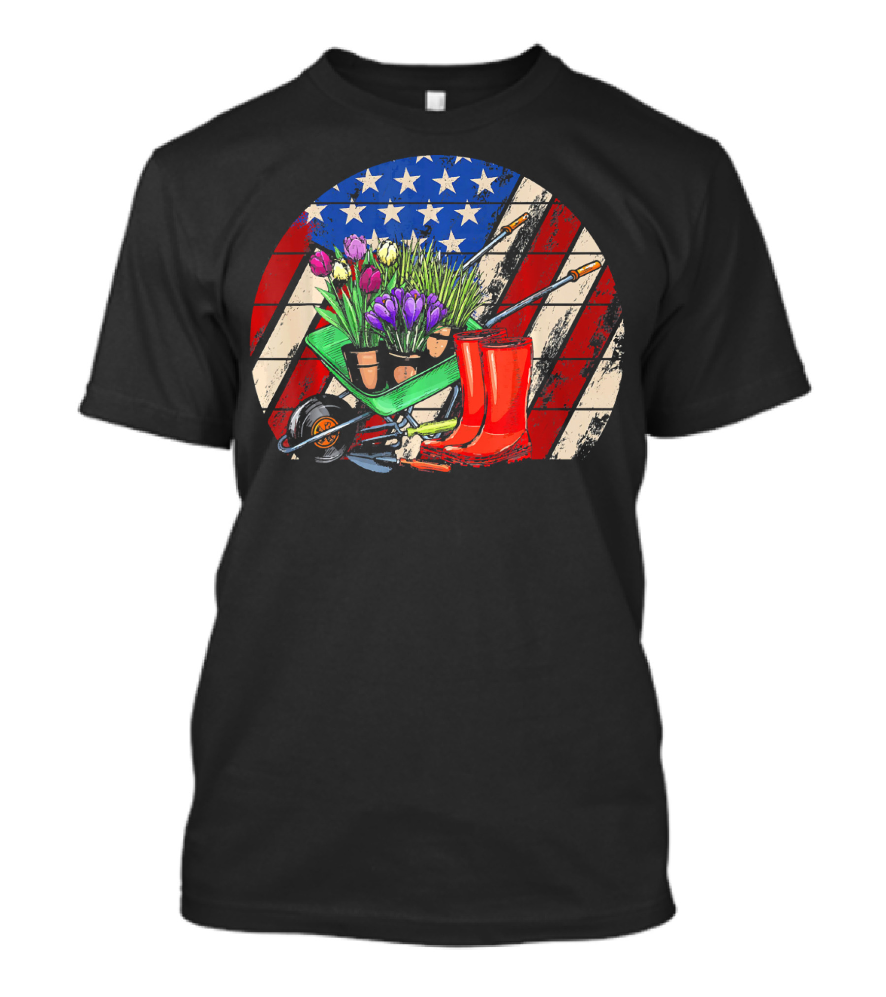 Vintage American Flag Gardening Scene With Wheelbarrow And Red Boots T-Shirt