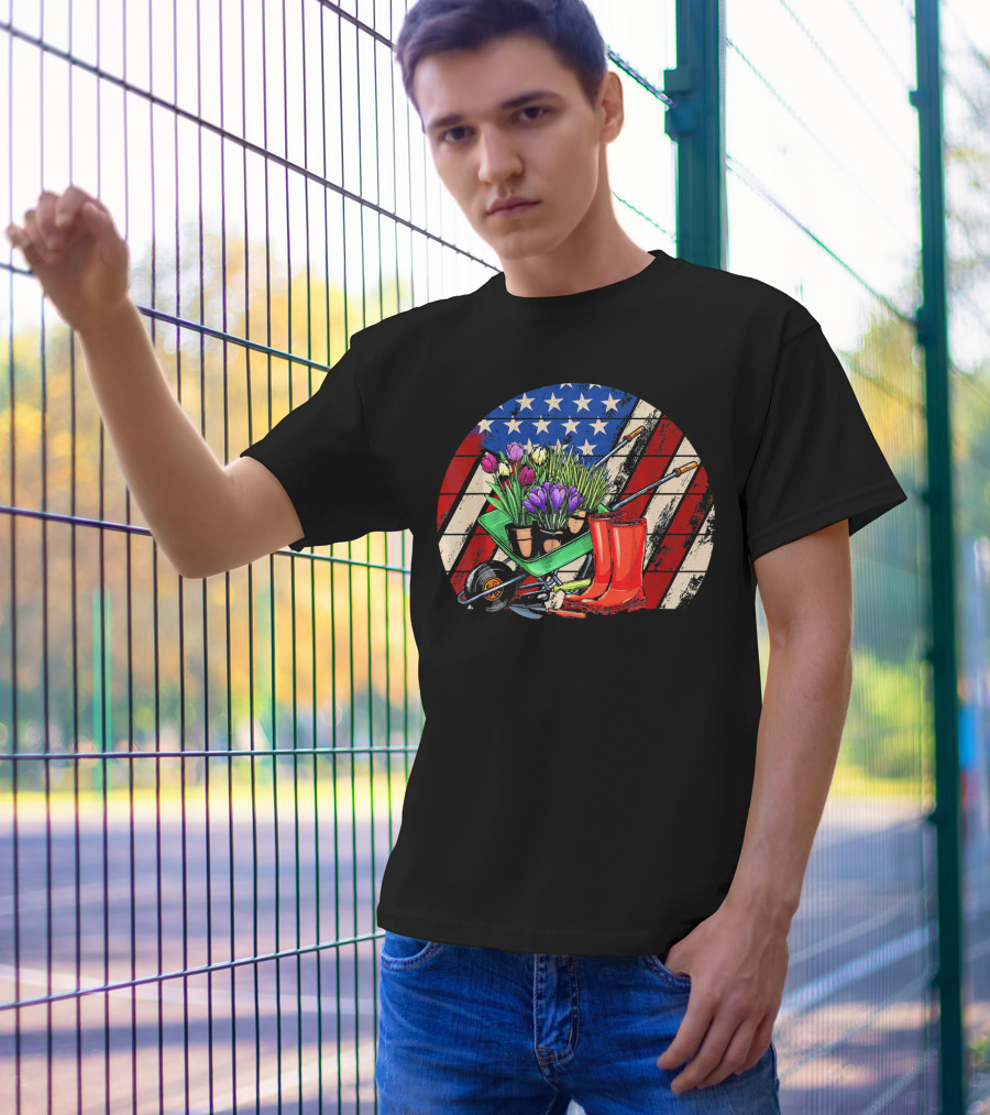 Vintage American Flag Gardening Scene With Wheelbarrow And Red Boots T-Shirt