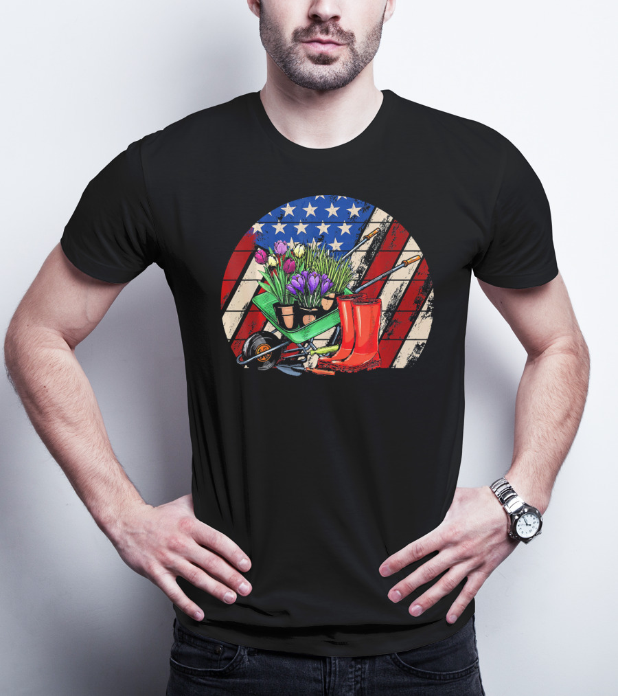 Vintage American Flag Gardening Scene With Wheelbarrow And Red Boots T-Shirt