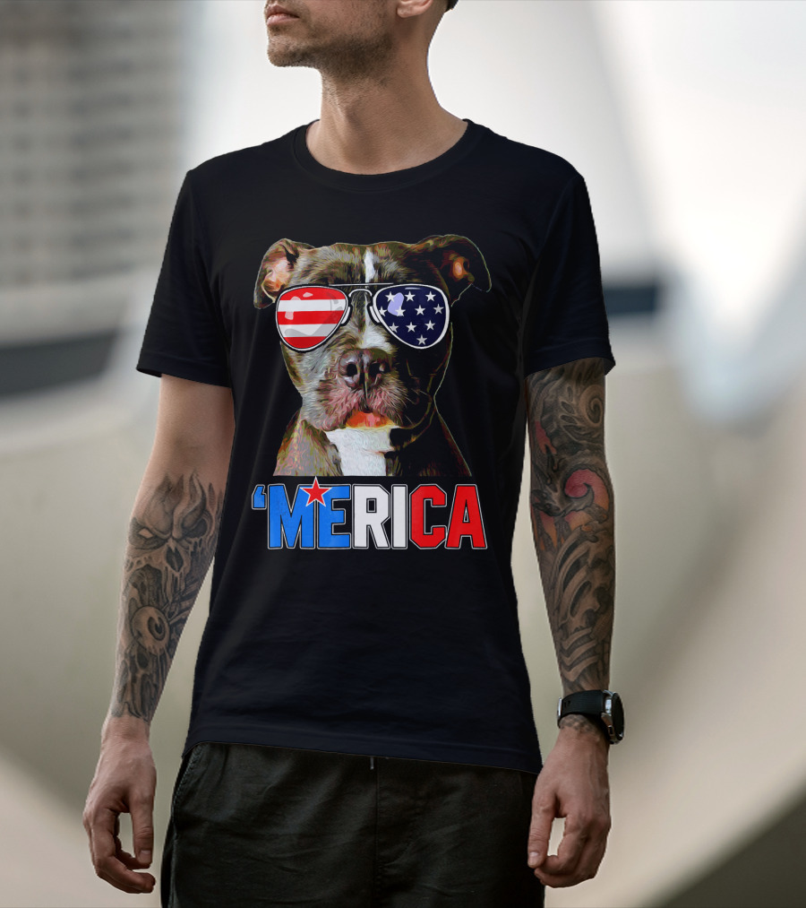 Pitbull 'Merica Memorial Day Patriotic USA Sunglasses T-Shirt