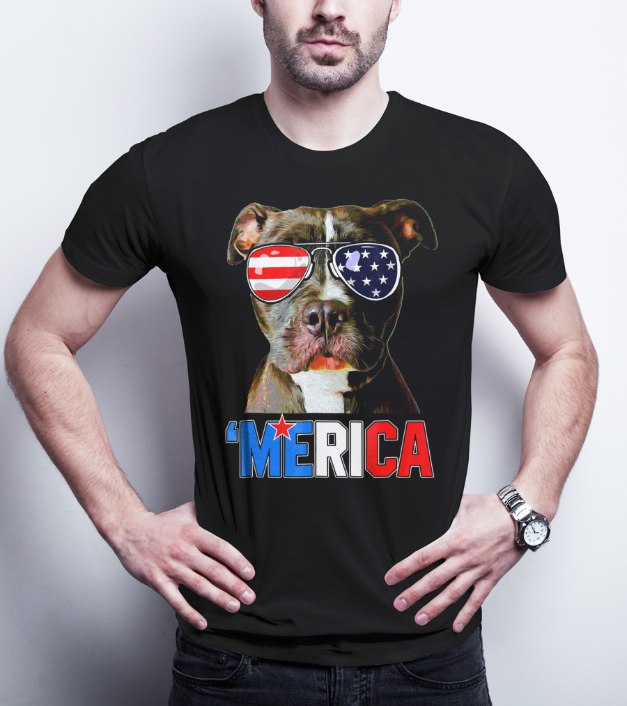 Pitbull 'Merica Memorial Day Patriotic USA Sunglasses T-Shirt