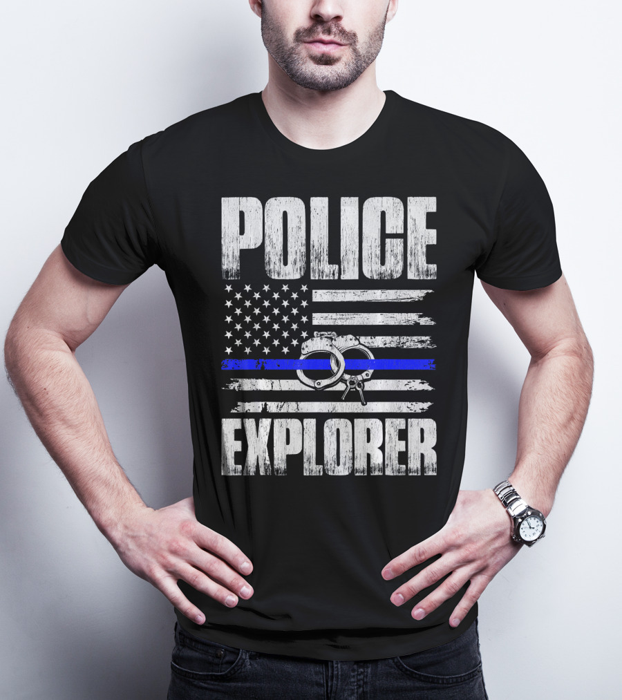Police Explorer American Flag Handcuffs Thin Blue Line T-Shirt
