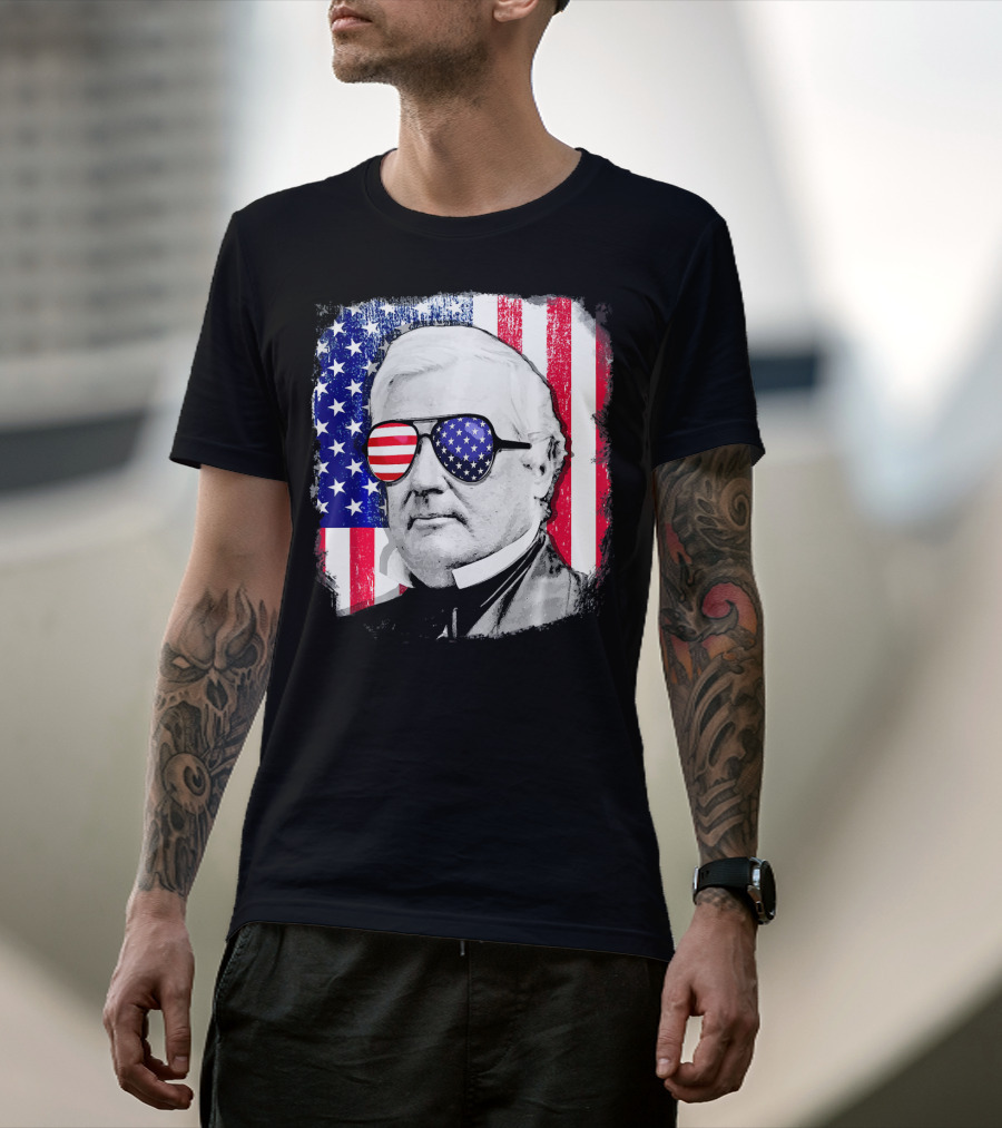 Millard Fillmore Portrait With American Flag Sunglasses And US Flag Background T-Shirt