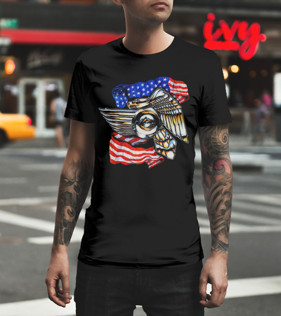 American Motorcycle Biker Eagle Emblem With Flag Wings T-Shirt
