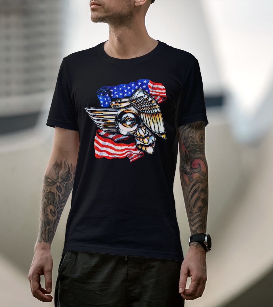 American Motorcycle Biker Eagle Emblem With Flag Wings T-Shirt