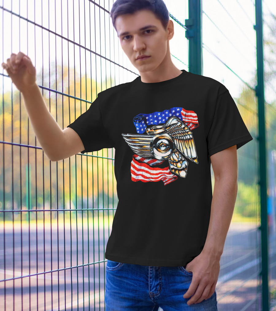 American Motorcycle Biker Eagle Emblem With Flag Wings T-Shirt