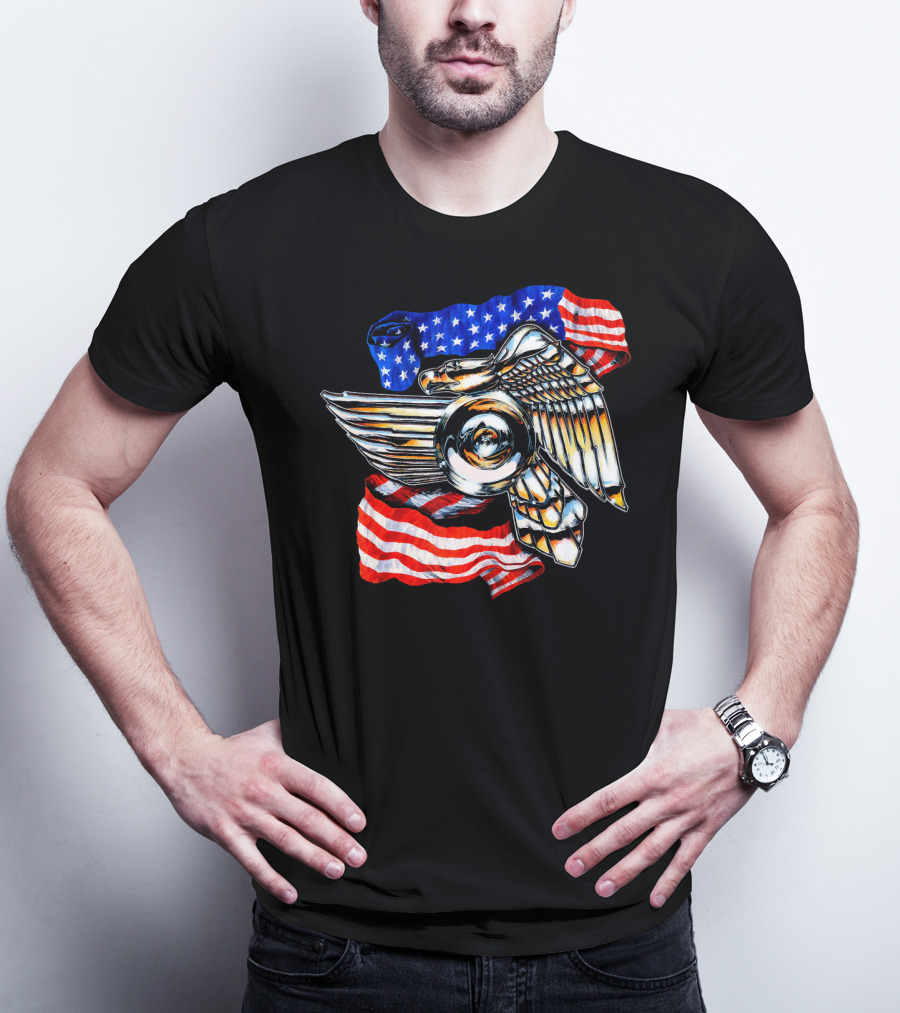American Motorcycle Biker Eagle Emblem With Flag Wings T-Shirt