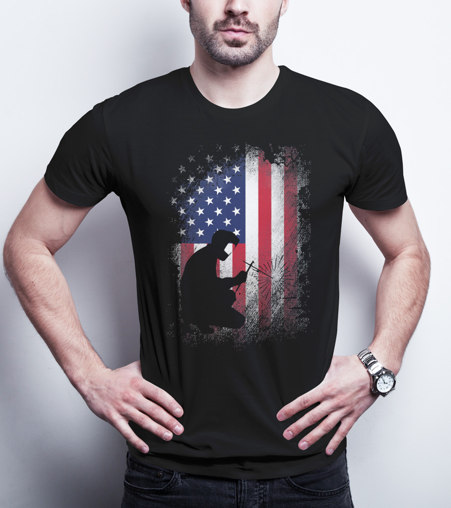 Welder Silhouette With American Flag USA Patriotic T-Shirt