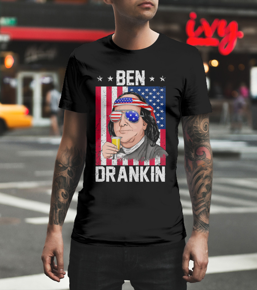 Ben Drankin American Flag Shades And Stars With Beer T-Shirt