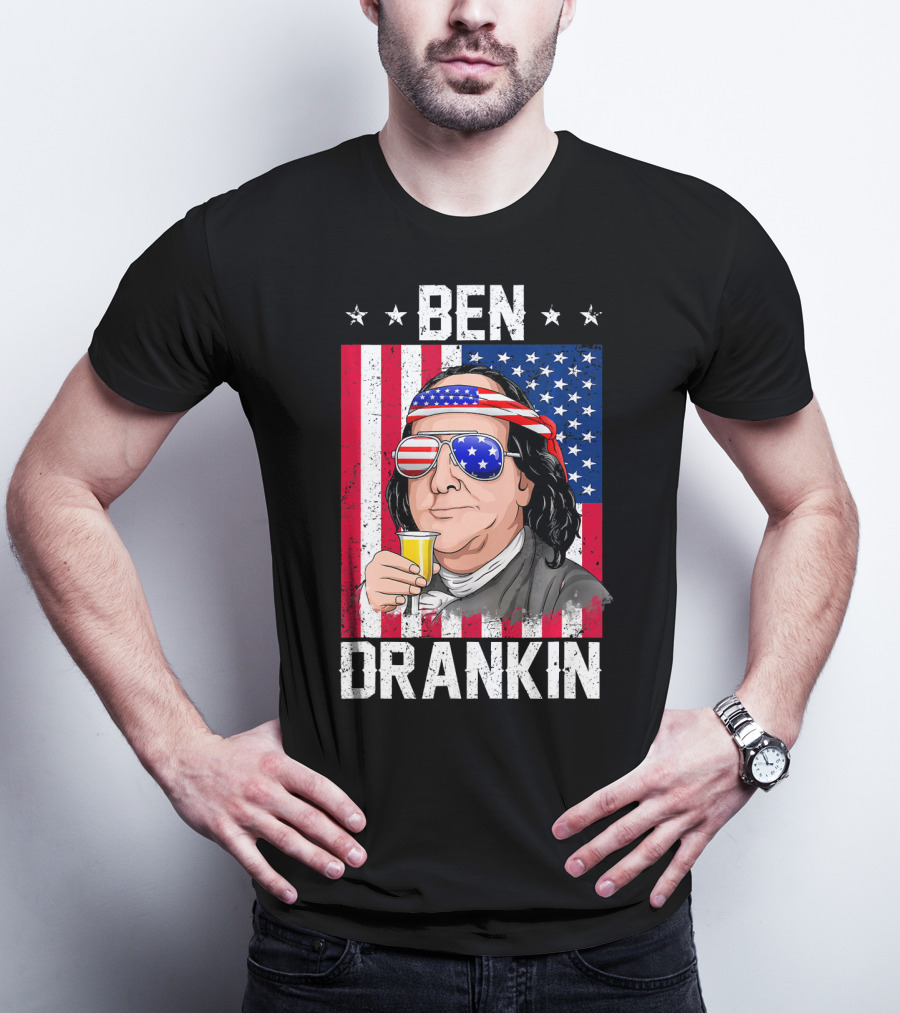 Ben Drankin American Flag Shades And Stars With Beer T-Shirt
