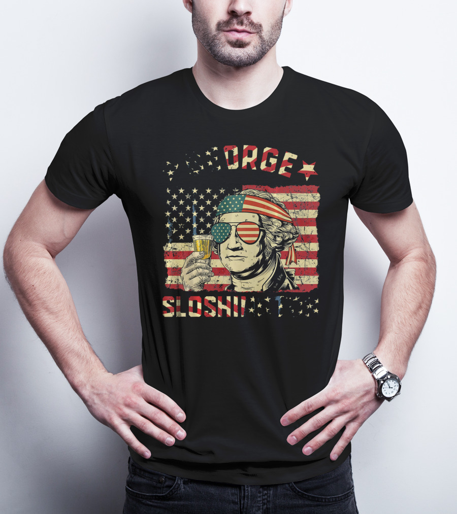George Sloshington American Flag Aviator With Beer And Headband T-Shirt