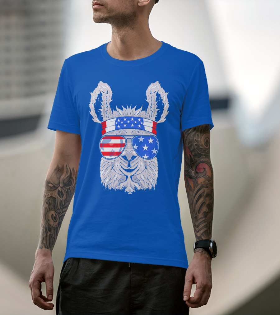 Patriotic Llama With American Flag Sunglasses And Headband For USA Independence Day T-Shirt