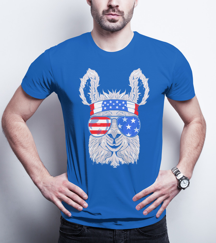 Patriotic Llama With American Flag Sunglasses And Headband For USA Independence Day T-Shirt