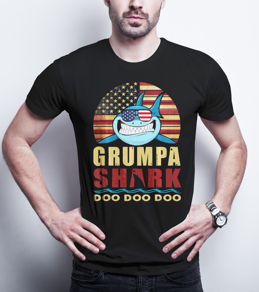 Grumpa Shark Doo Doo Doo American Flag T-Shirt