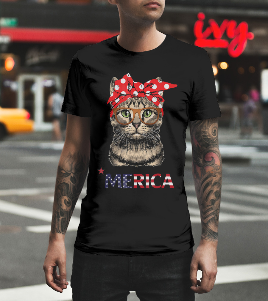 Merica Cat Red Bandana USA Flag Glasses T-Shirt
