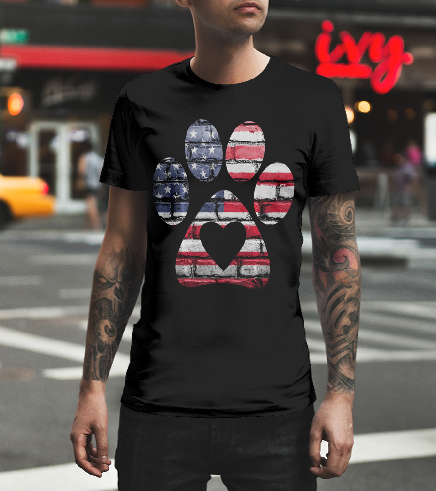 Patriotic Dog Paw With American Flag Heart T-Shirt