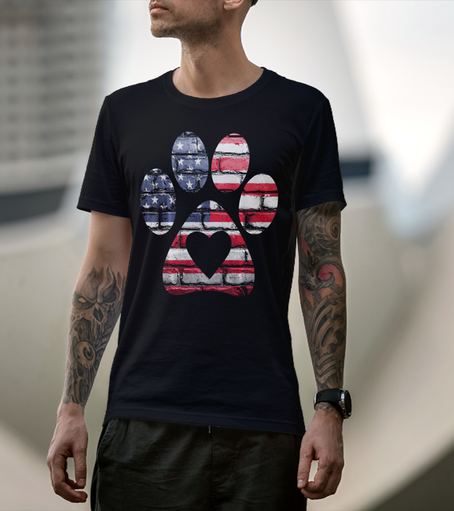 Patriotic Dog Paw With American Flag Heart T-Shirt