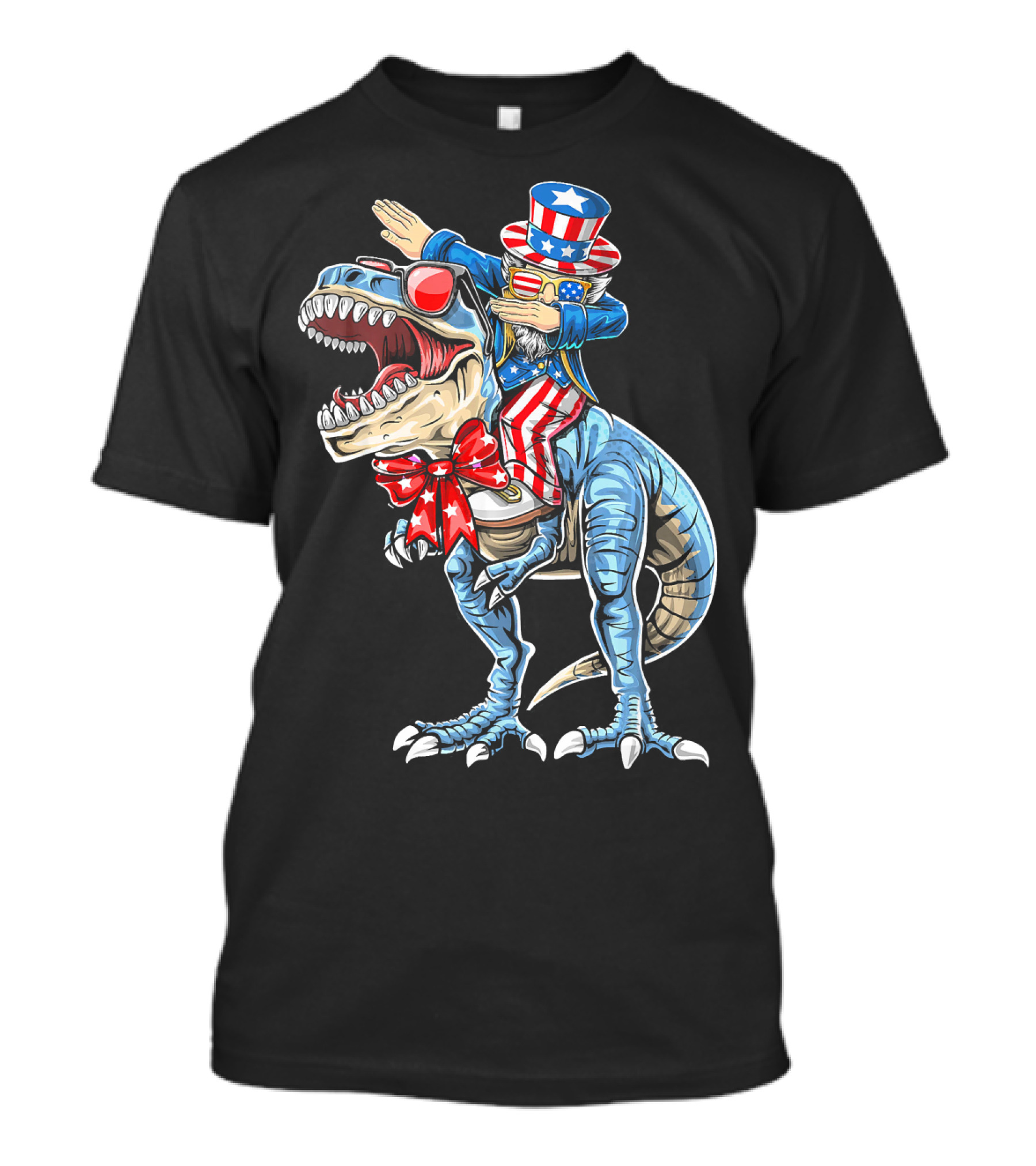 Dabbing Uncle Sam On Dinosaur With Patriotic Stars And Stripes Hat And Sunglasses T-Shirt