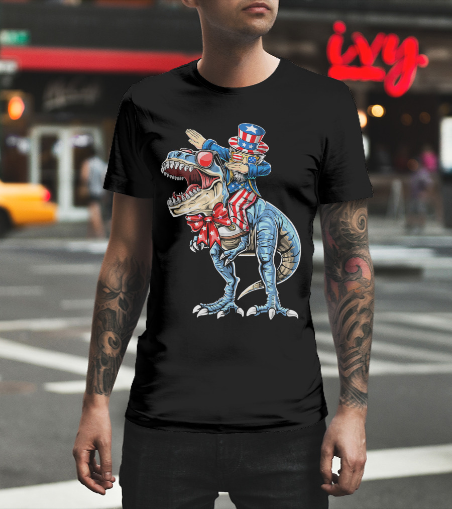 Dabbing Uncle Sam On Dinosaur With Patriotic Stars And Stripes Hat And Sunglasses T-Shirt