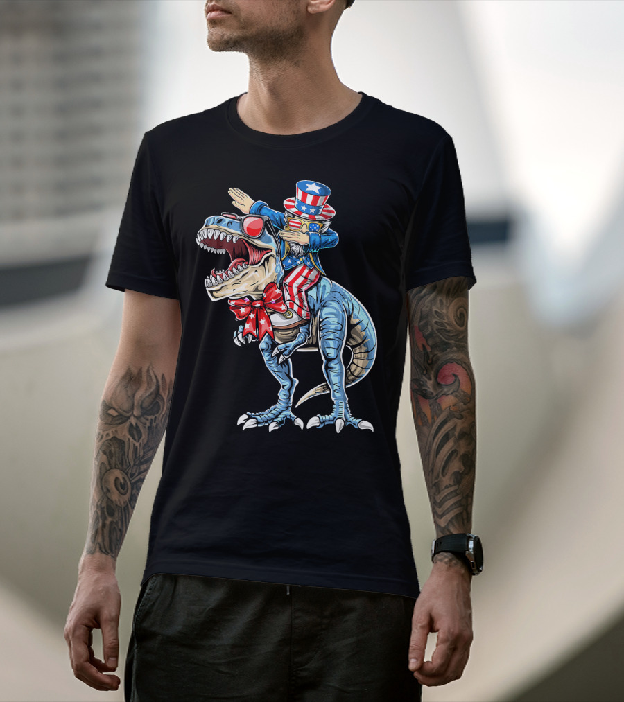 Dabbing Uncle Sam On Dinosaur With Patriotic Stars And Stripes Hat And Sunglasses T-Shirt