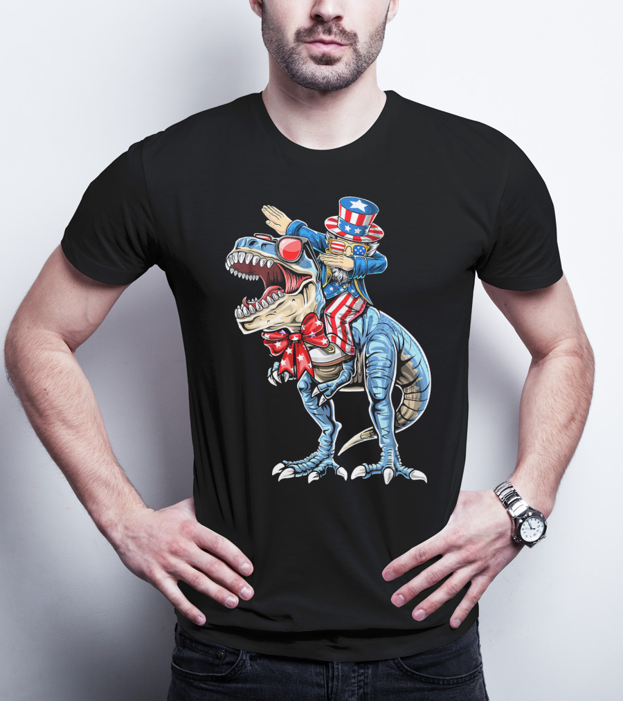 Dabbing Uncle Sam On Dinosaur With Patriotic Stars And Stripes Hat And Sunglasses T-Shirt
