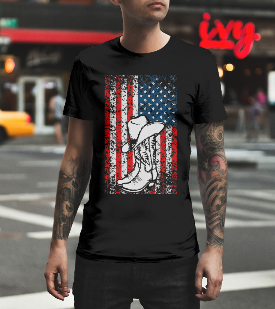 Cowboy Hat Boots American Flag Patriotic T-Shirt
