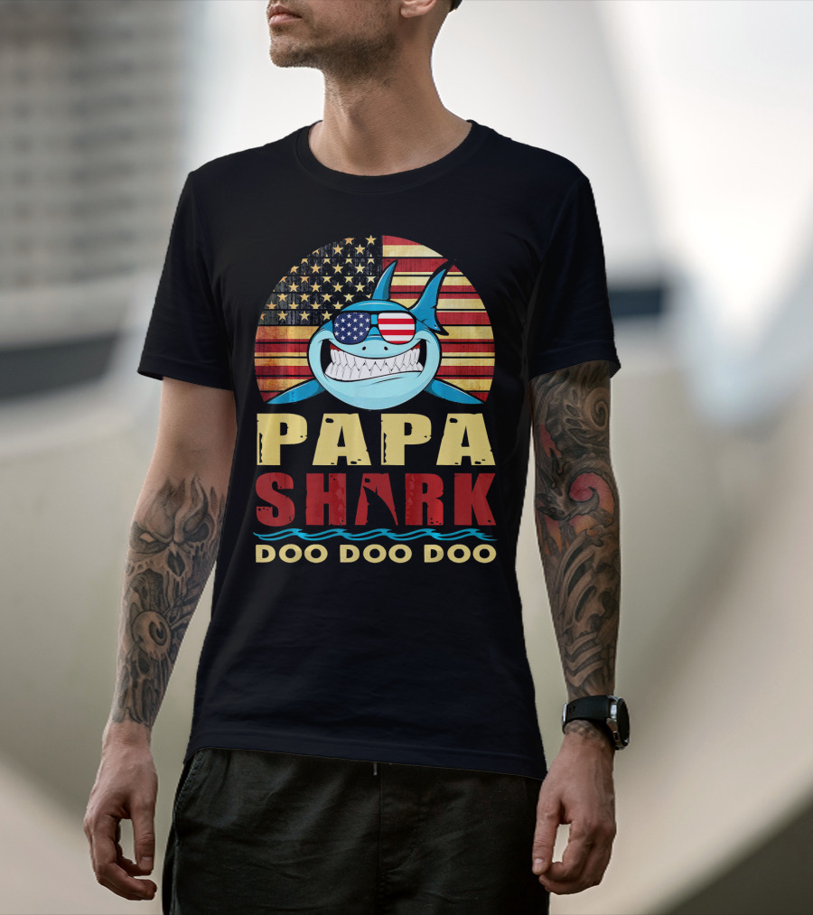 Papa Shark American Flag Doo Doo Doo T-Shirt