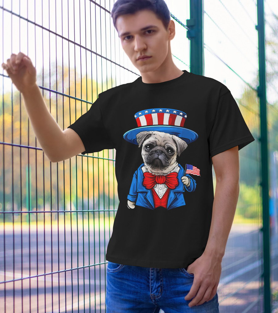 Uncle Sam Pug Holding American Flag Fourth Of July Dog Humor T-Shirt