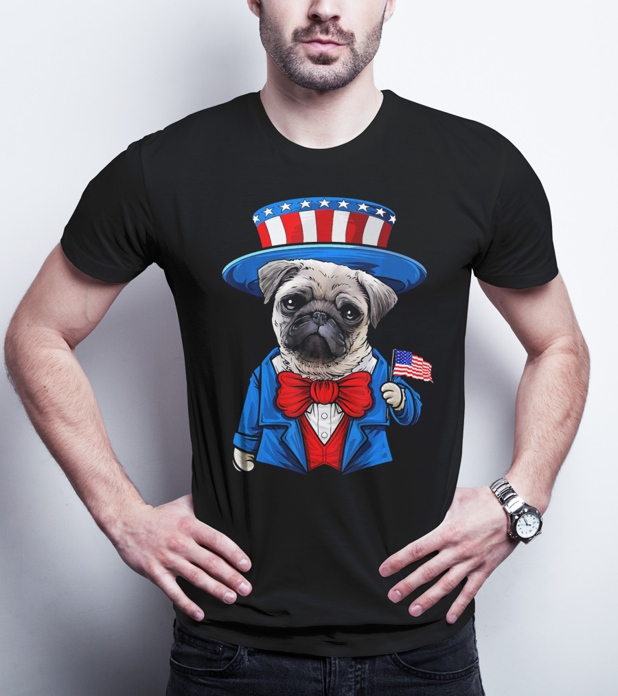 Uncle Sam Pug Holding American Flag Fourth Of July Dog Humor T-Shirt