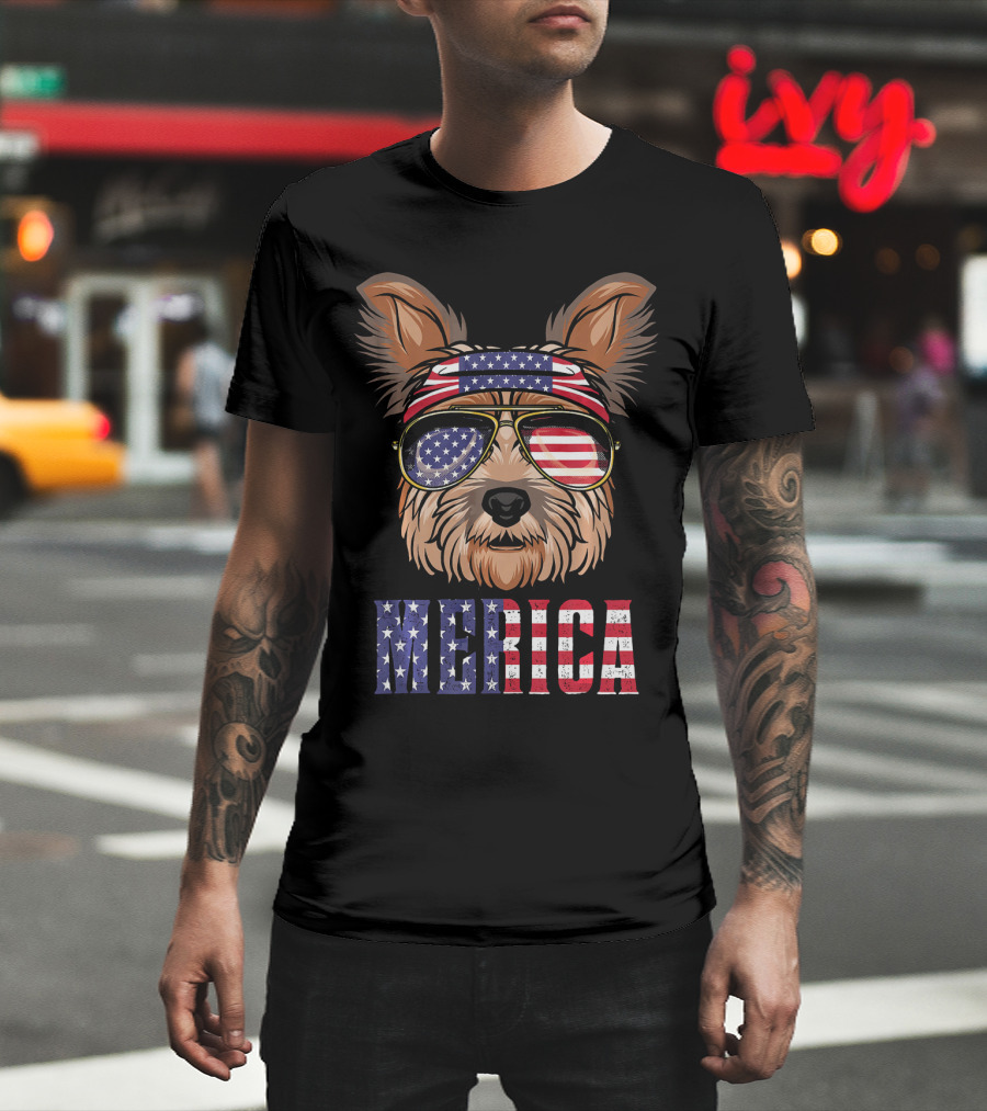 Yorkie Dog Merica American Flag Sunglasses Bandana T-Shirt